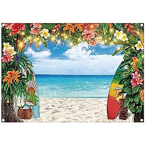 YCUCUEI 7x5ft Fabric Summer Hawaiian Beach Photography Backdrop Tropical Flower Palm Leaves Surfboard Background Aloha Luau Decorations Photo Banner