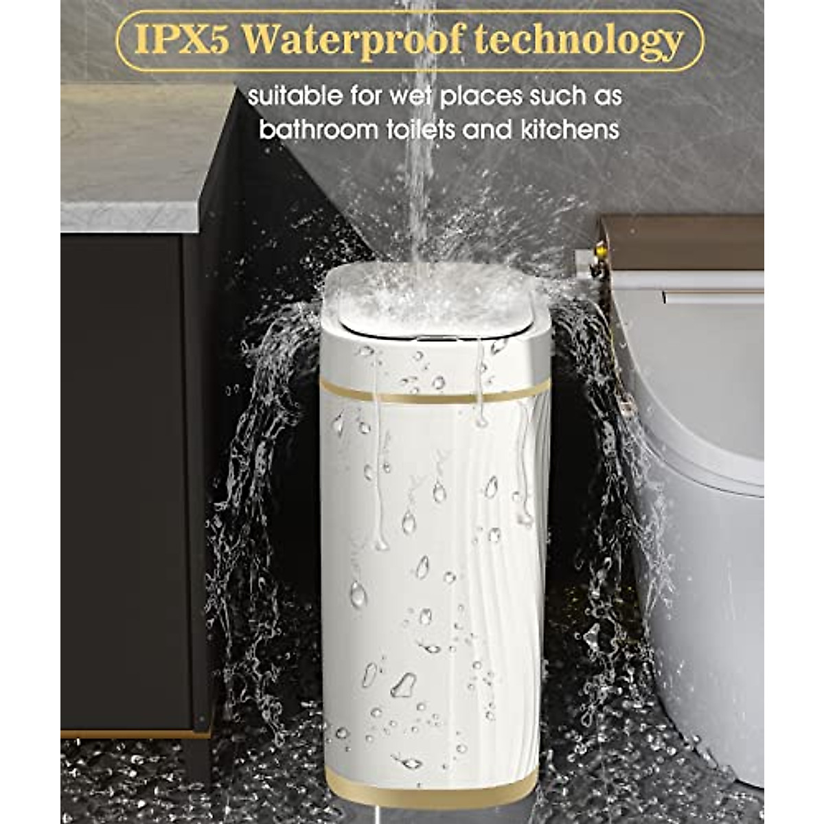 GloDeals Bathroom Trash Can with Lid Automatic Garbage Can, 2 Gallon Slim Smart Trash Can, Small Plastic Trash Bin, Touchless Motion Sensor Trash Can for Bedroom, Bathroom, Office (Cream/Gold Trim)