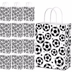 Blulu 24 Pack Soccer Gift Bags Soccer Party Favor Bags White Kraft Paper Soccer Bags for Treats Soccer Goodie Bag Favors for Sports Theme Party Decorations, Game Celebration
