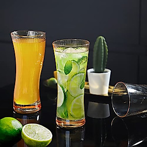 Joeyan Water Juice Cocktail Drinking Glasses Cups,Origami Style Glassware,Ripple Highball Glass,Modern Ribbed Tumblers for Iced Tea Coffee Beverages Wine Beer,Hand Made,13.5 oz,Set of 4,Amber