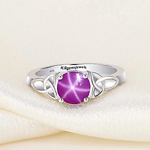 HRG Pink Star Sapphire Ring 6mm Round Cabochon Ring Wedding Ring Ring 925 Sterling Silver Ring (Sterling Silver, 8)
