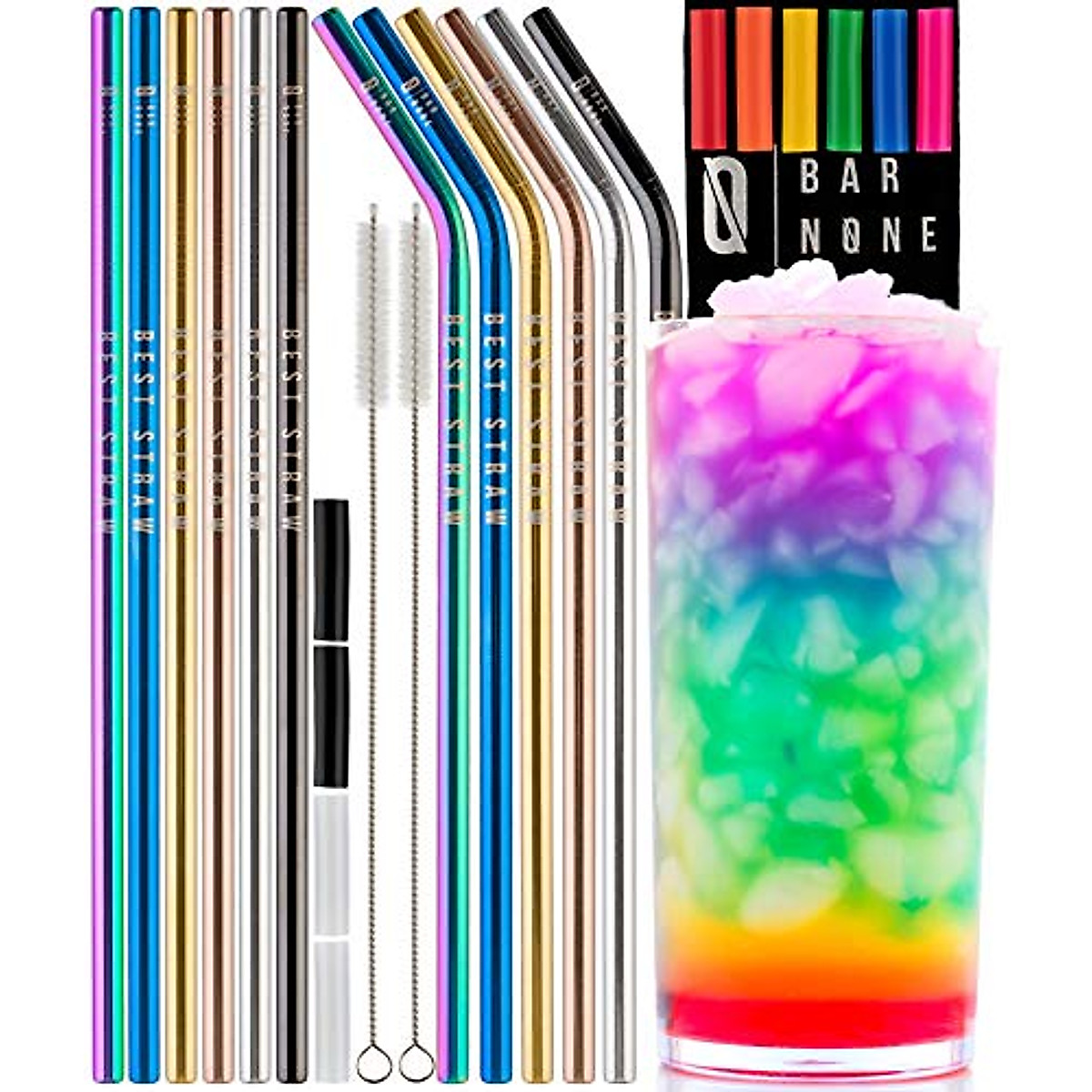 BAR NONE Best Straws Set of 12 | 10.5" Long Wide Rainbow Multi Colored Stainless Steel Metal Drinking Straws Reusable Straight & Curved Cleaning Brushes & Silicone Tips Straw Brush Cup Drinks