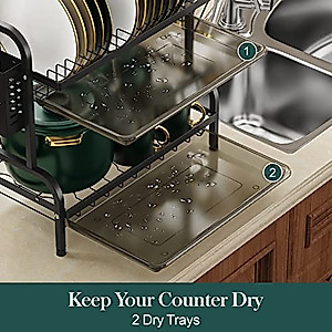 iSPECLE Dish Drying Rack for Kitchen Counter 2 Tier Dish Rack with Cup Holder, Dish Drainer with Drainboard and Utensil Holder Large Capacity for Small Kitchen Countertop Saving Space