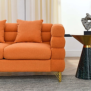 Antetek L-Shaped Sectional Couches, Modern Teddy Fabric Upholstered Chaise Lounge Sofa Couch with Square Arm and 4 Golden Metal Legs for Living Room, Office, Orange