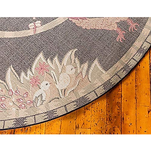 Unique Loom Barnyard Collection French Country Inspired Cottage Rooster Design Area Rug (5' 0 x 5' 0 Round, Black/Ivory)