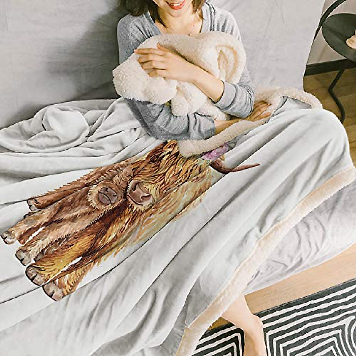 Sherpa Fleece Throw Blanket Scottish Highland Cow with Flowers Reversible Fuzzy Warm and Cozy Throws, Animal Family Art on White Super Soft Plush Bed TV Blankets for Living Room Couch/Sofa