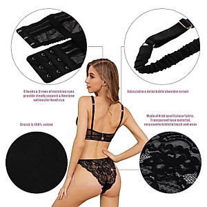 Guoeappa Women's Sexy Soft Lace Lingerie Set See Through Underwear Floral Lace Underwire Sheer Bra and Panty Set (Black,36B)