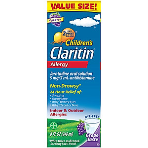 Claritin 24 Hour Allergy Relief - Grape Flavored - Non Drowsy Liquid Antihistamine for Kids, Dye, Alcohol, and Sugar Free Medicine For Children 2 Aged Years and Older