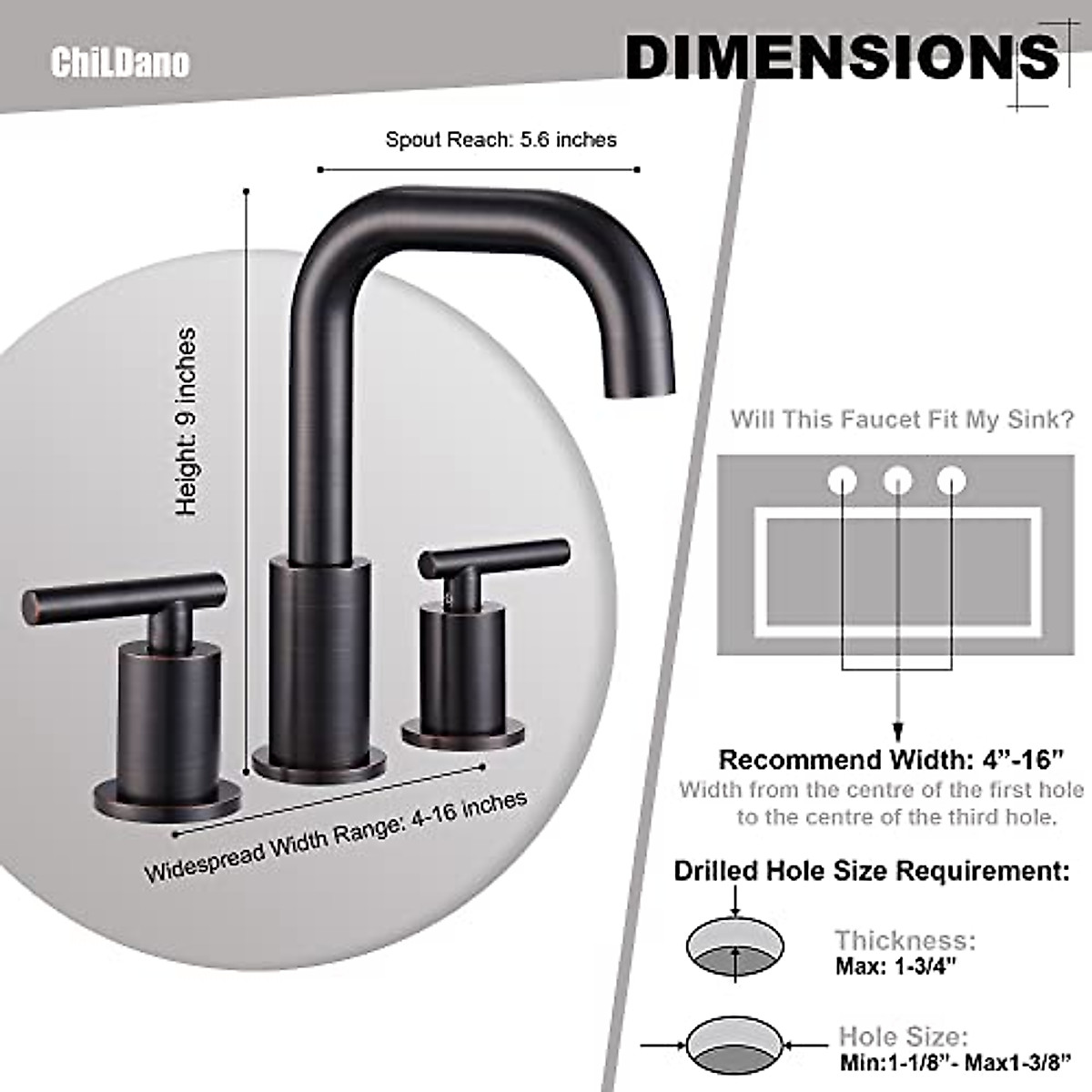 Oil Rubbed Bronze Bathroom Faucet 3 Hole, 2 Handle Rubbed Bronze Widespread Bathroom Faucet with Sink Pop Up Drain and Faucet Supply Lines, ChiLDano Bronze Bathroom Faucet CH3166ORB