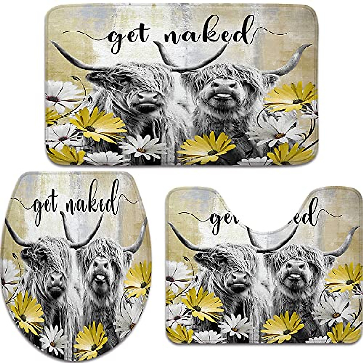 Bcsewcg Get Naked Floral Shower Curtain and Bath Mat Set, Farmhouse Highland Cow Funny Western Bull Bathroom Mat Set with Contour Toilet Mat, Mat and Toilet Lid Cover 69x70 Inch