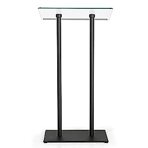 M&T Displays Tempered Clear Glass Podium Black Aluminum Body and Base 43.9 Inch Height Floor Standing Lectern Pulpit Desk