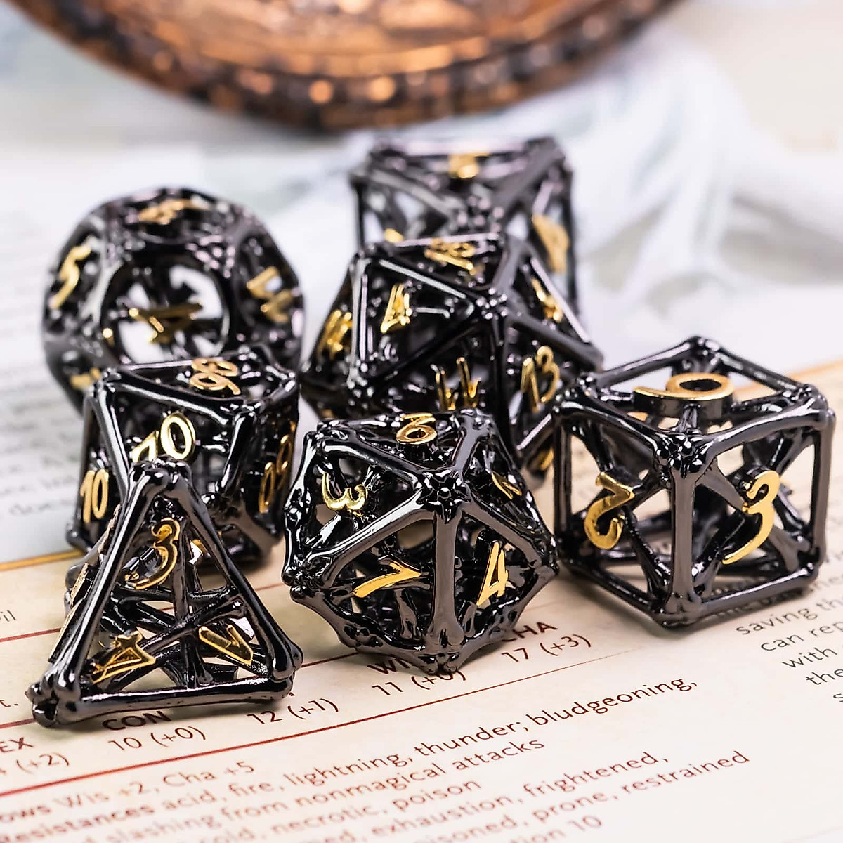 UDIXI Metal DND Dice Set, 7 PCS Bone D&D Dice Set, Polyhedral Dice Set for Role Playing Game MTG Pathfinder (Bone Black Golden)