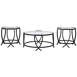 Signature Design by Ashley Tarrin Contemporary Glass Top Round 3-Piece Table Set, Includes Coffee Table and 2 End Tables, Black