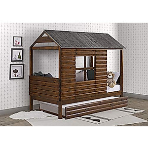 Donco Kids Twin Log Cabin Low Loft w/Twin Trundle, Rustic Walnut, Double