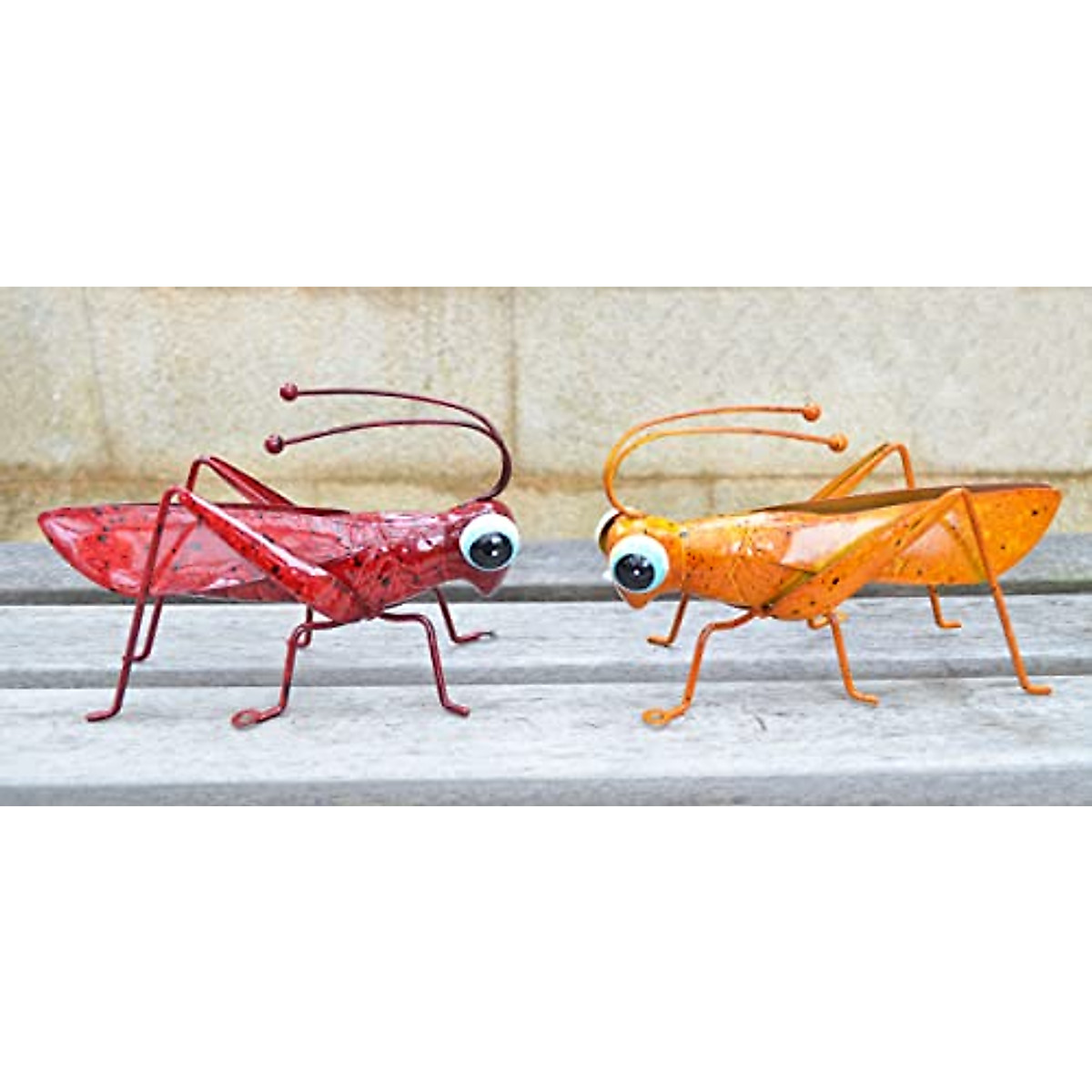 ShabbyDecor Metal Grasshopper Figurine Yard Art Locust Lawn Ornament Mantis Hanging Wall Sculpture Decoration Set of 2,Red&Yellow