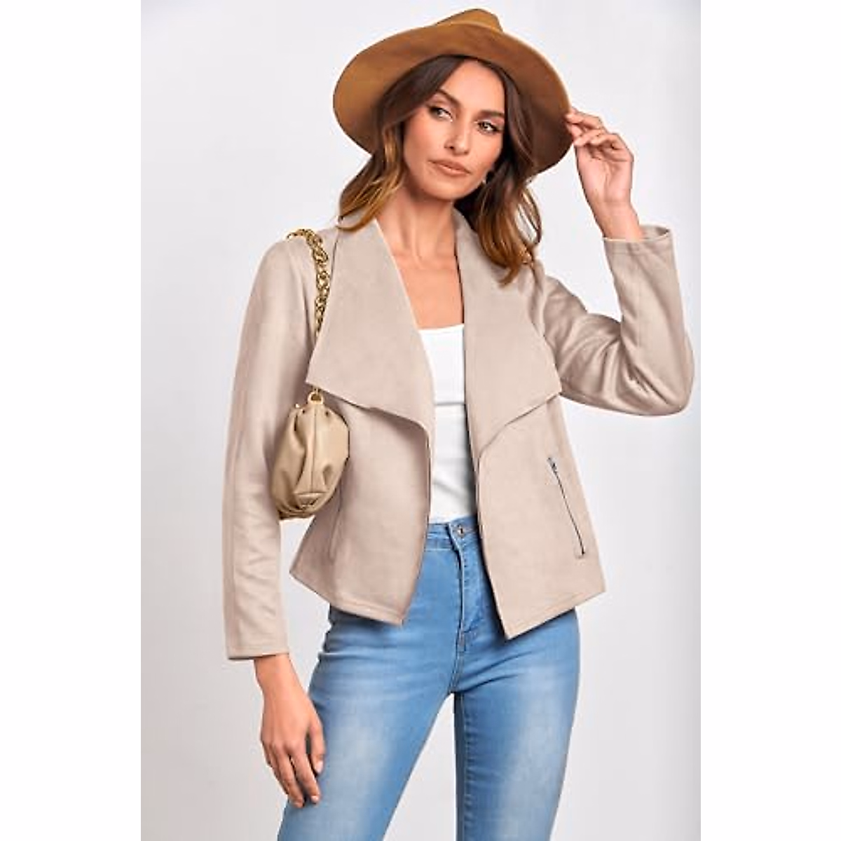 PRETTYGARDEN Women's Faux Suede Jackets 2023 Fall Clothes Long Sleeve Open Front Cropped Coat Outwear (Beige Apricot,Small)