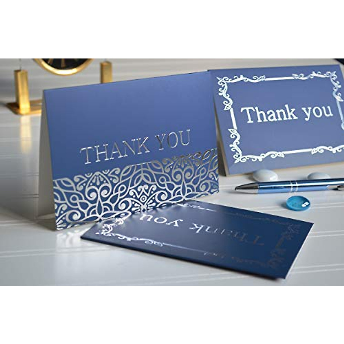 120 Thank You Cards in Navy Blue with Envelopes & Stickers - Elegant 6 Designs Bulk Notes Embossed with Silver Foil Letters for Wedding, Formal, Business, Graduation, Funeral 4x6 Inch Thick Card Stock
