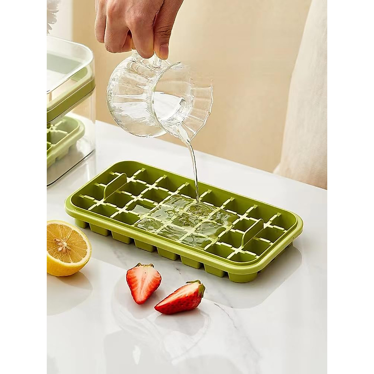 GOHOLE Ice Cube Trays for Freezer with Lid and Bin, 64 Ice Cubes, 2 Trays, Container, Lid & Ice Scoop (Green)