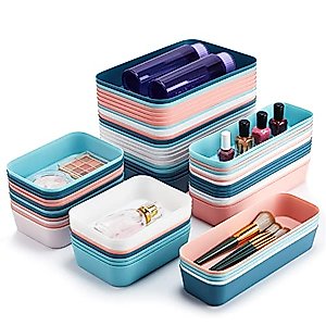 60 Pcs Plastic Desk Drawer Organizers 3 Size Large Vanity Office Drawer Organizers Stackable Drawer Dividers Cosmetic Trays Plastic Storage Bins Shallow for Makeup Bathroom Office Kitchen, 4 Colors