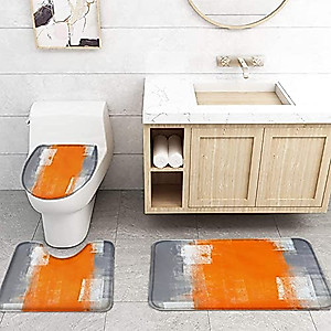 Chucoco 4 PCS Shower Curtain Set with Bath Rugs, Abstract Artwork Gray Orange Oil Waterproof Curtains, Soft Bathroom Non-Slip Floor Mats Toilet U-Shaped Pad and Toilet Lid Covers Modern Art
