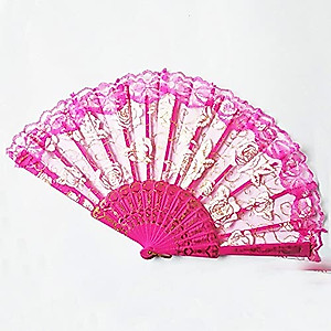 RAZZUM Decorative Folding Fans 1pcs Chinese Style Folding Fan Lace Hand Held Rose Flower Folding Fan Dance Party Wedding Decor Ventilador plegable Christmas fan (Color : Yellow)