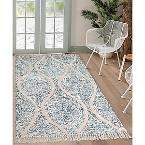Uphome Boho Area Rug 4' x 6' Washable Vintage Printed Living Room Rug Blue Tufted Distressed Bedroom Rug with Tassels Cotton Farmhouse Floor Carpet for Dining Entryway Kids' Room