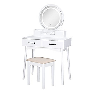 UTEX Makeup Vanity Desk with Round Mirror and Lights,White Vanity Makeup Table, Small Vanity Table with 2 Drawers, 3 Lighting Modes Dresser Desk and Cushioned Stool Set for Bedroom, White