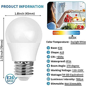 KINDEEP 7W Refrigerator Light Bulb, A15 LED Bulb, 60 Watt Equivalent, Daylight White 5000K, 700LM, Waterproof Appliance Fridge Light Bulb, Ceiling Fan, Non-Dimmable, E26 Medium Base, 2 Pack