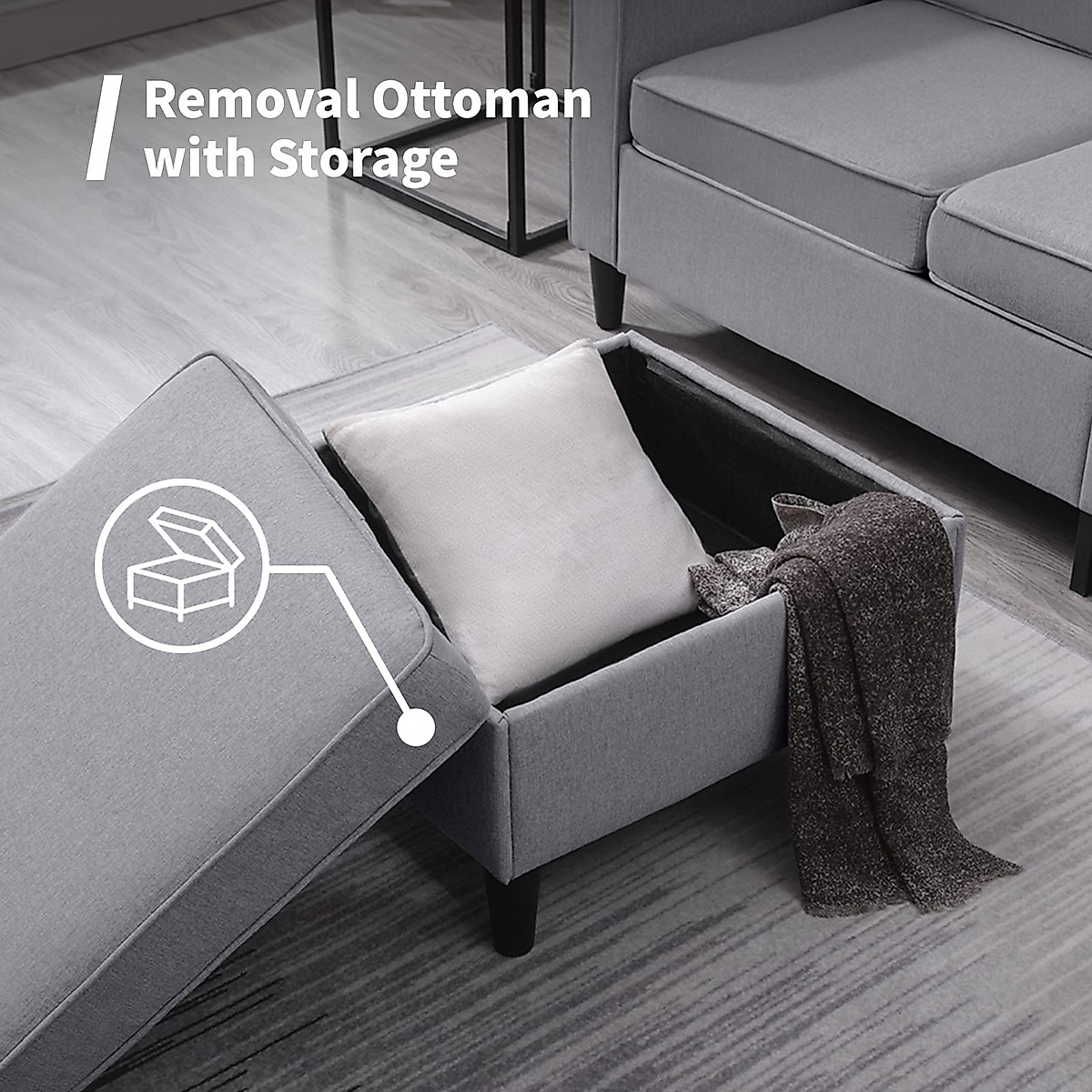 Mjkone 78“ Sectional Sofa Couch for Living Room | Convertible Linen Sofa Chaise with Reversible Storage Ottoman | Modern Modular Sofa with 2 Side Pockets | Small Sofa for Small Places (Light Grey)