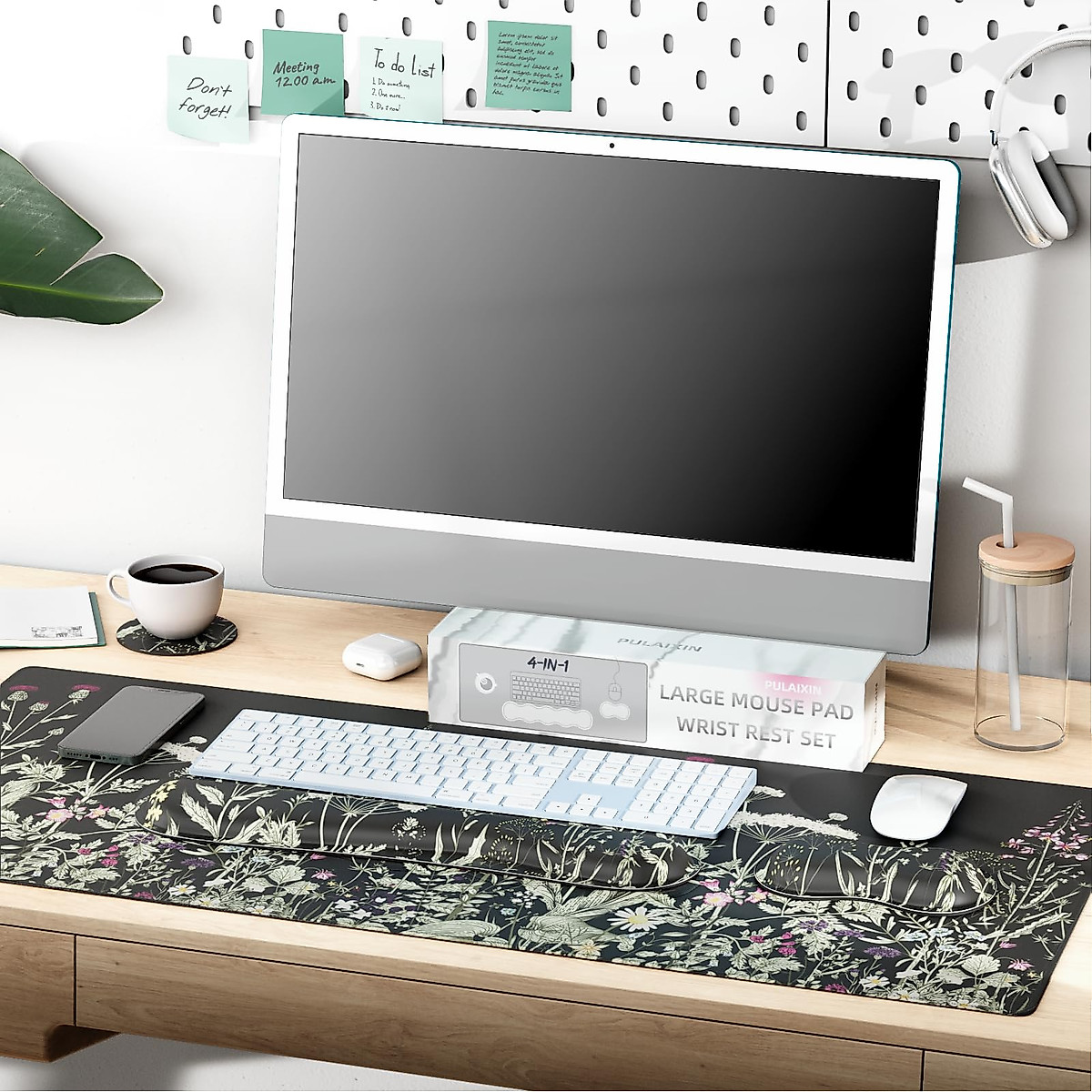 PULAIXIN 4 in 1 Desk Mat, Large Mouse Pad Wrist Support Set, Keyboard Wrist Rest with Non-Slip Rubber Base, Ergonomic Design for Office Gaming Desk Accessories-Night Garden-L8
