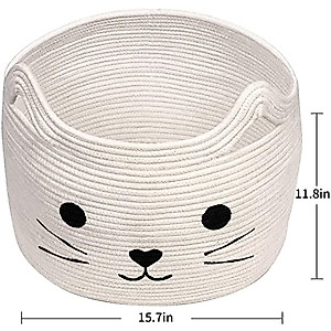 HiChen Large Woven Cotton Rope Storage Basket, Laundry Basket Organizer for Towels, Blanket, Toys, Clothes, Gifts | Pet Gift Basket for Cat, Dog - 15.7" L×11.8" H