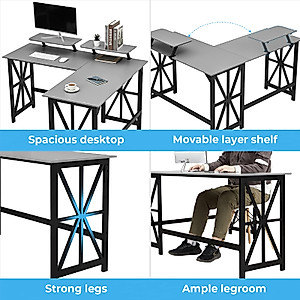 GreenForest L Shaped Desk with 2 Monitor Stand, 50.4 inch Reversible Corner Computer Desk for Home Office Study Gaming Workstation Crafting Table for Small Spaces Saving, Easy Assembly, Grey