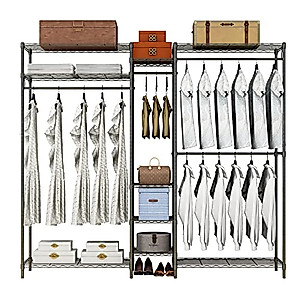 XIOFIO Heavy Duty Wire Garment Rack, Metal Clothing Rack with 4 Hanging Rods and 9 Shelves, Freestanding Open Wardrobe Organizer for Hanging Clothes , 68.5"L x 16.5"W x 76.7"H Max Load 800LBS, Black