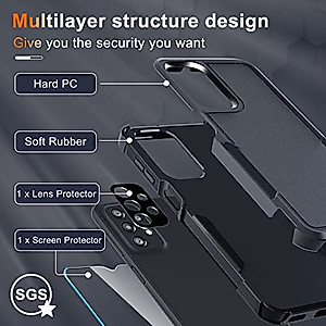 for Samsung Galaxy A23 5G/4G Case with Tempered Glass Screen Protector and Camera Lens Cover,Heavy Duty Rugged Shockproof Full Body Protective Phone Cover,Black Matte