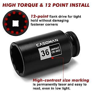 CASOMAN 1/2-Inch Drive Deep Spindle Axle Nut Impact Socket Set,12 Point Metric, CR-MO, 30,32,34,36mm, 4-Piece 1/2" Heavy Duty Impact Socket Set