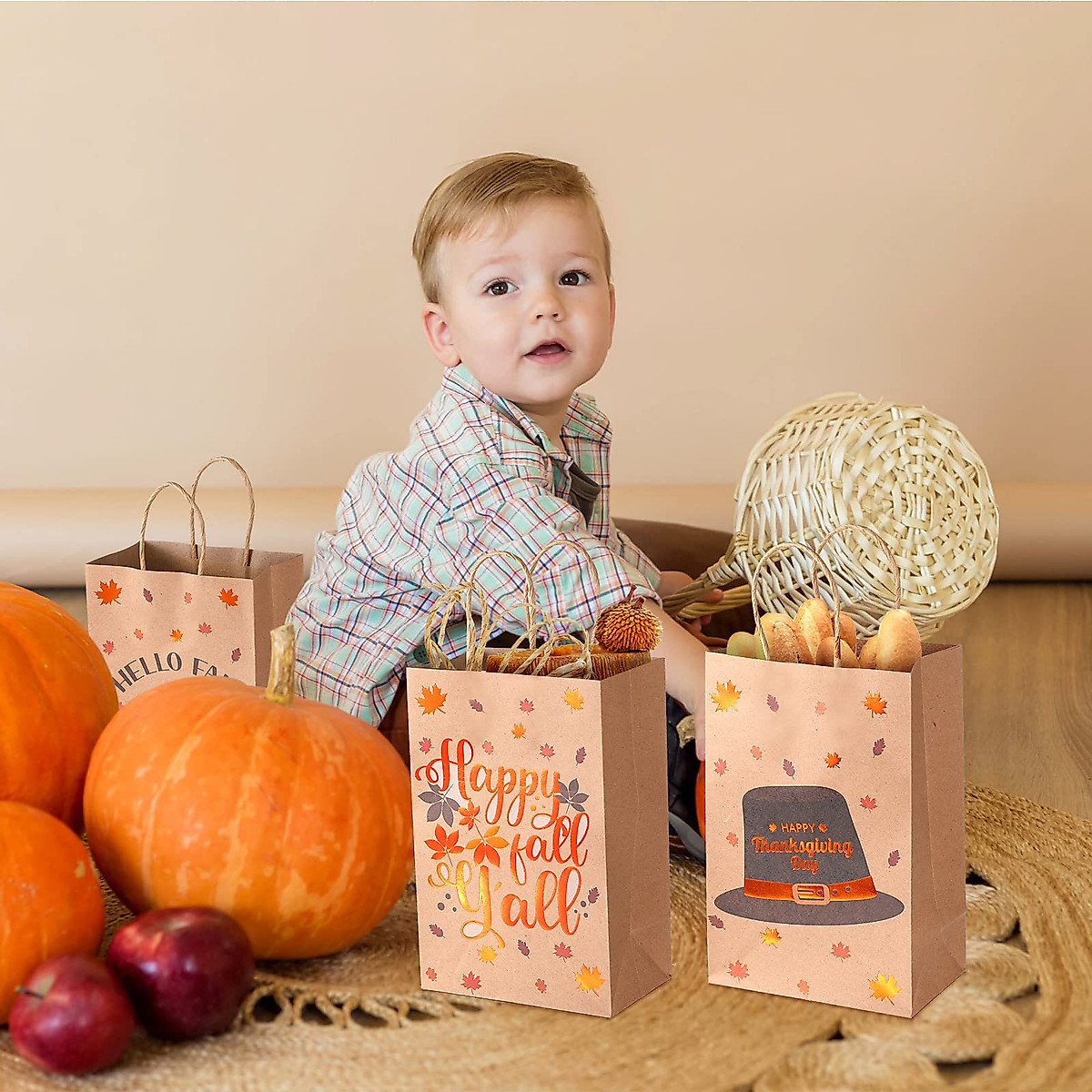 Yexiya 48 Pcs Fall Gift Bags Bulk Thanksgiving Kraft Paper Treat Candy Bag with Handles Goodies for Party Favors Supplies