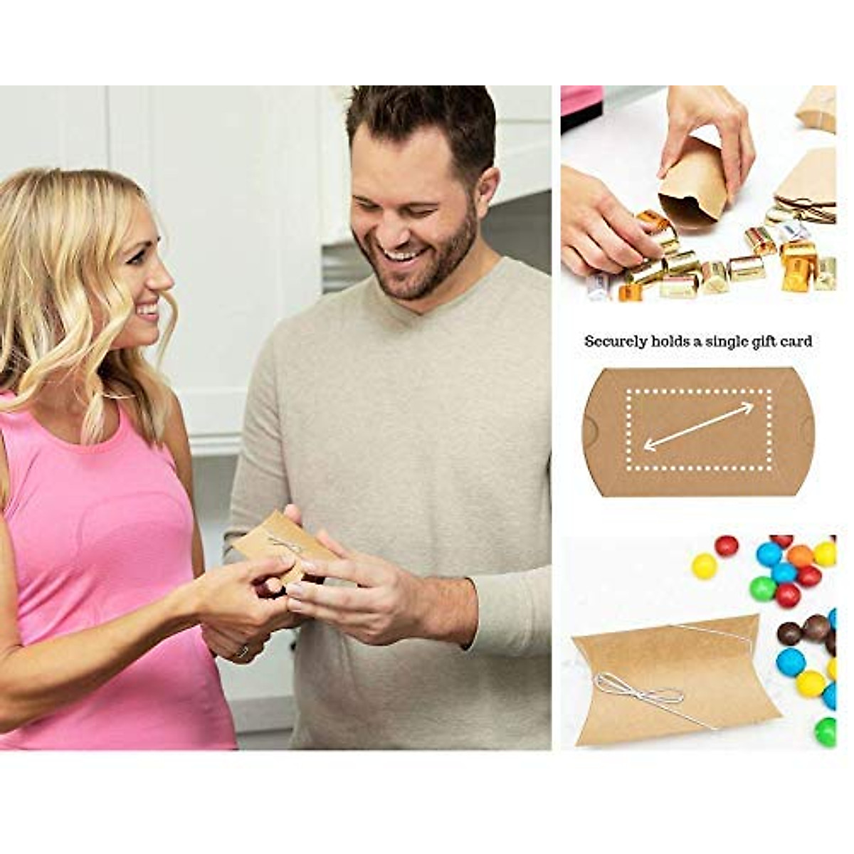 50pcs Kraft Pillow Boxes with 50pcs Silver Elastic Ties - Jewelry Packaging - Gift Card Holder - Soap Packaging - Small Gift Box, Wedding Favors