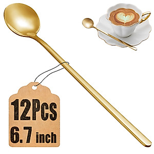 12 Pcs Coffee Spoons Set, 6.7" Gold Tea Spoons Long Handle, Stirring Spoons, Gold Small Teaspoons, Stainless Steel Gold Spoons, Long Spoons for Stirring, Gold Espresso Spoons, Coffee Bar Accessories