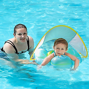 Free Swimming Baby Inflatable Baby Swim Float with Safe Bottom Support and Retractable Canopy for Safer Swim(New Version, L)