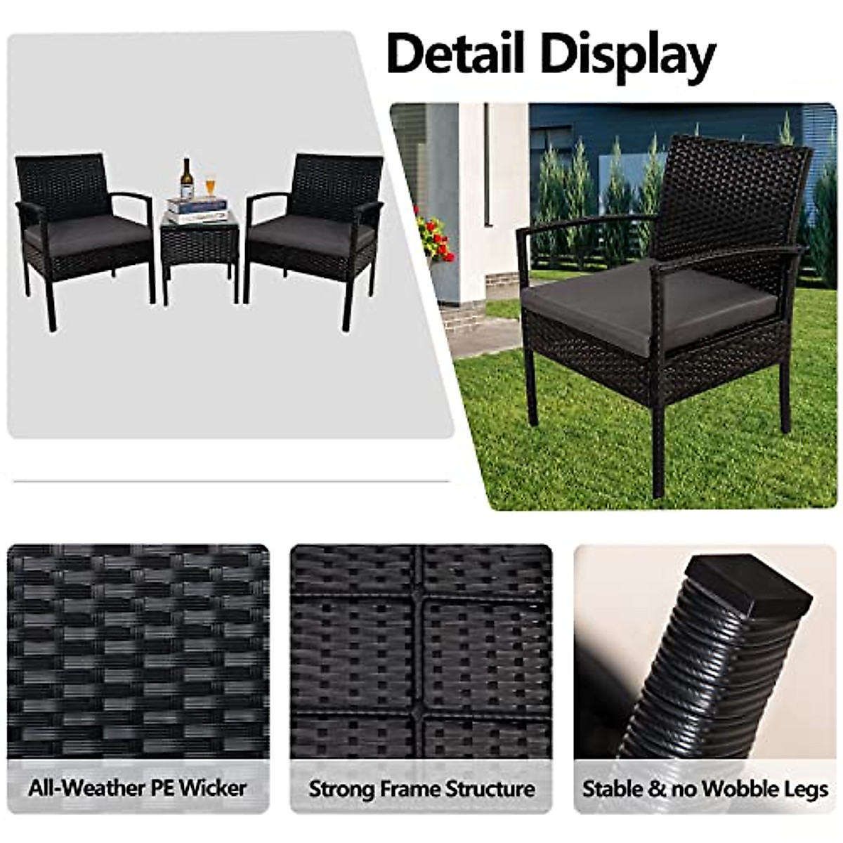 4 pcs Outdoor Patio Furniture Sets, Rattan Sofa Chair Set, Wicker Conversation Set, Poolside Lawn Chairs with Tempered Glass Coffee Table, Porch Balcony Garden Furniture (3PC-Grey Cushion 2)