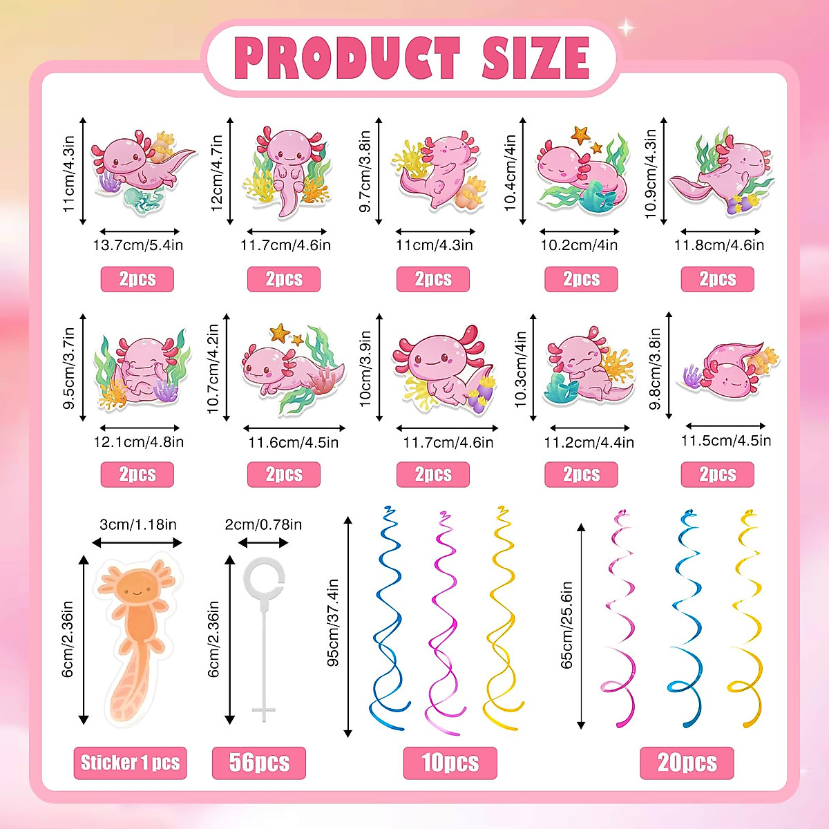 30 Pcs Axolotl Hanging Swirls Party Decorations Axolotl Birthday Party Spiral Decor Supplies Ceiling Decorations for Boys Girls Axolotl Fans