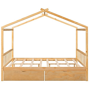 Bellemave Full House Bed with Storage Drawers Natural Montessori Beds Wood Beach Bed Frame Cottage Beds for Kids Girls Boys Teens, Full Size