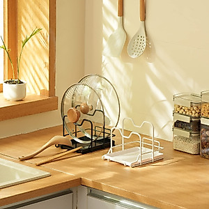 SUNFCON Upgraded Pot Pan Lids Holder Large Cookbook Stand Spoon Rest Cutting Board Rack Chopping Board Organizer Stand w Drip Tray Kitchen Countertop White