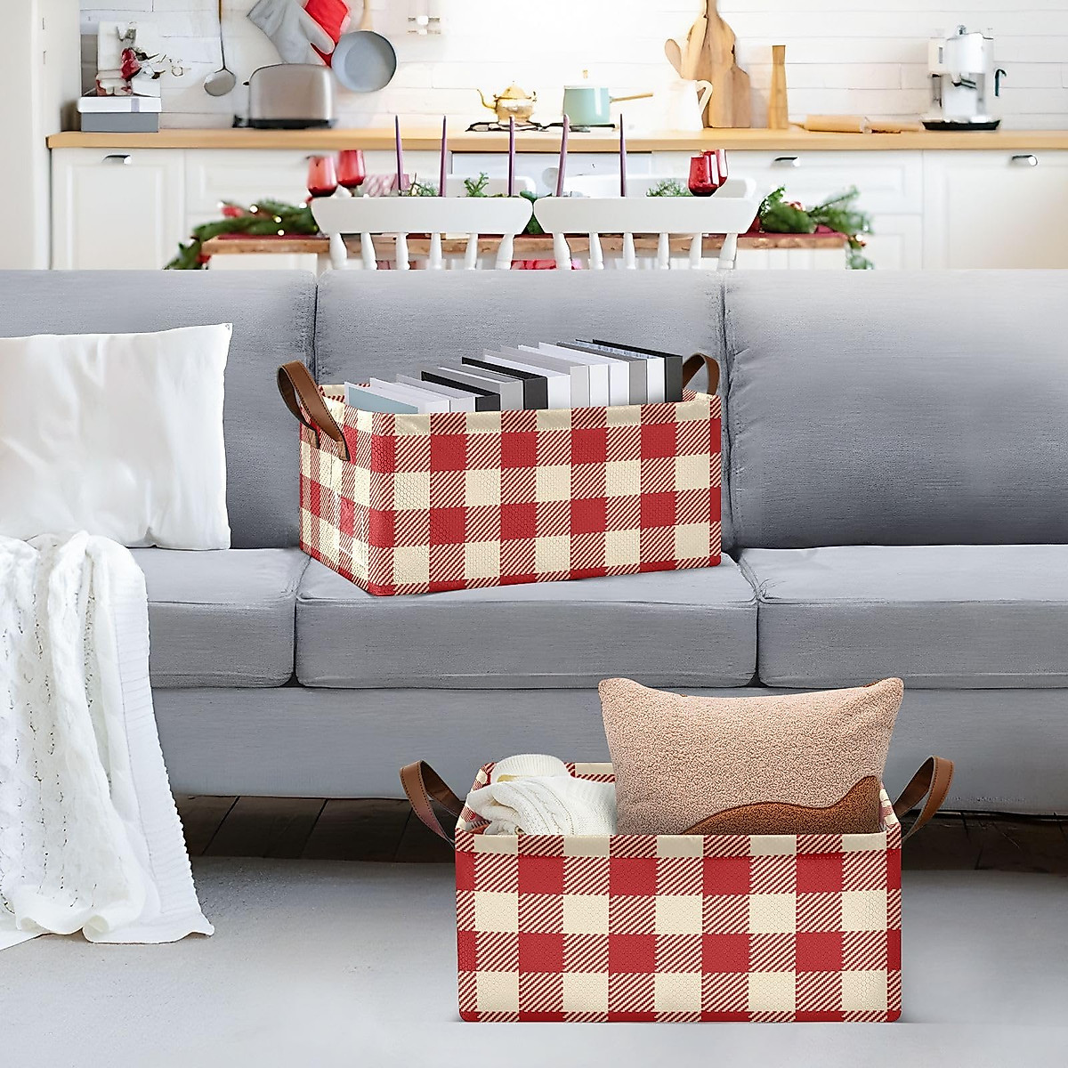 susiyo Stylish Retro Red Checkered Plaid Pattern Fabric Storage Baskets Small Storage Bins with Handles - 1 Piece