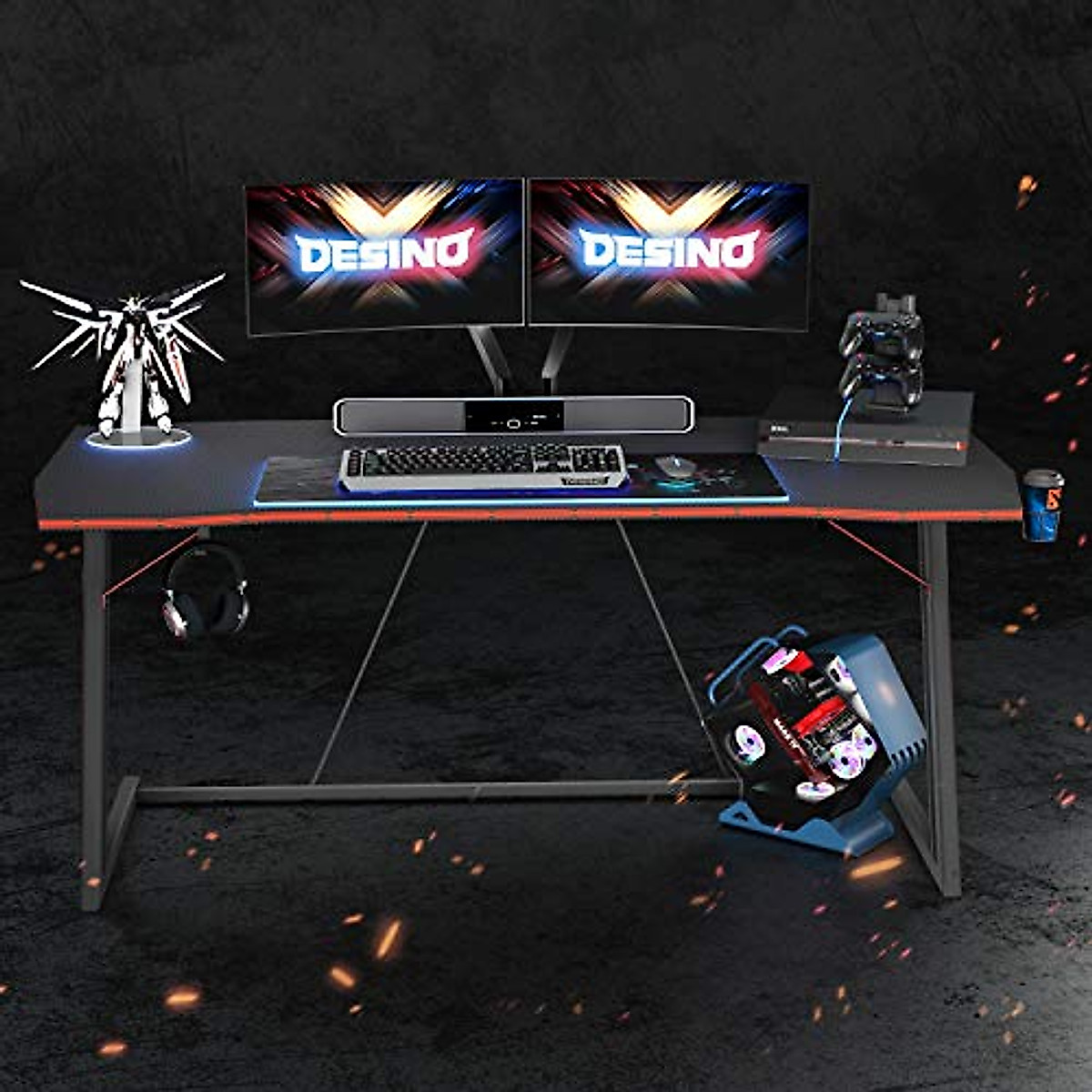 DESINO Gaming Desk 55 inch PC Computer Desk, Home Office Desk Gaming Table Z Shaped Gamer Workstation with Cup Holder and Headphone Hook, Black