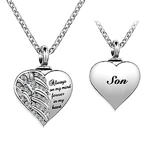 LuxglitterLin Guardian Angel Wings Cremation Jewelry for Ashes Heart Crystal Urn Necklaces for Son Ashes Memorial Keepsake Necklace Always on Mind Forever in My Heart