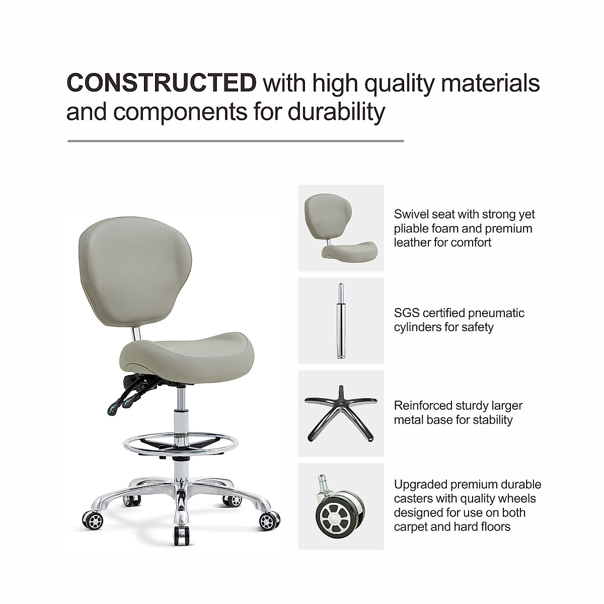 Kastele Ergonomic Home Office Desk Chair - Swivel Adjustable Comfortable Task Chair with Lumbar Support, Foot Ring and Rolling casters for managerial, Executive, Drafting,Computer, Grey