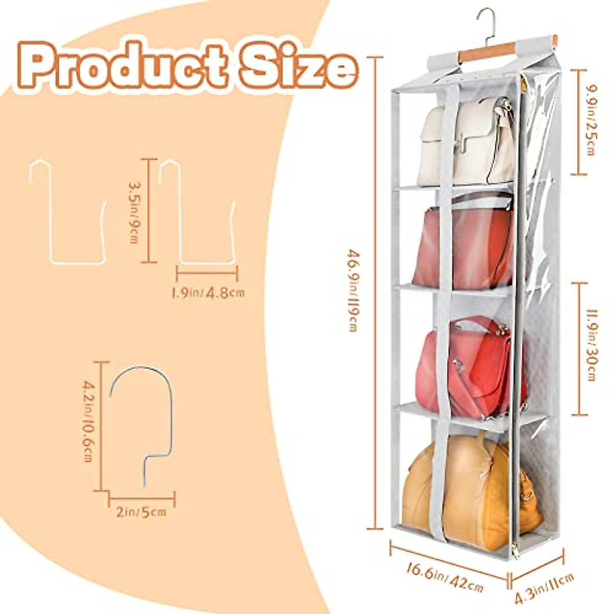 Msoesticc.dl Clear Hanging Handbag Purse Organizer with Zipper, Dustproof Hanging Closet Purse Organizer Space Saving Tote Bage Purse Storage Holder for Closet Wardrobe - 4 Easy Access Pockets (Grey)