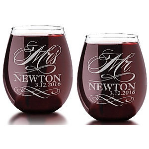 Set of Two Custom MR and MRS with Last Name Date Stemless Wine Glass 21 Oz Classy Wedding Bride Groom Future Married Couple Christmas Gift