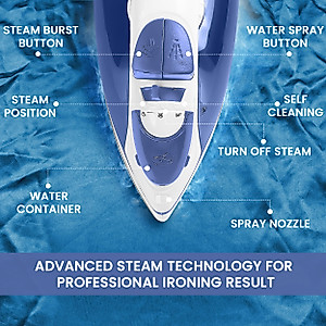 Utopia Home Steam Iron for Clothes With Non-Stick Soleplate - 1200W Clothes Iron With Adjustable Thermostat Control, Overheat Safety Protection & Variable Steam Control (Blue)